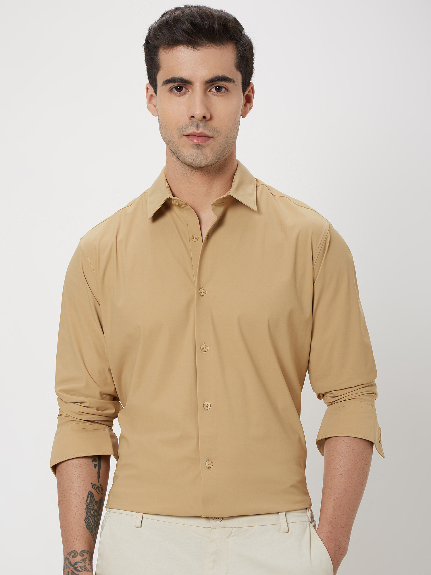 Buy Beige Knitted Plain Stretch Shirt Online at Muftijeans